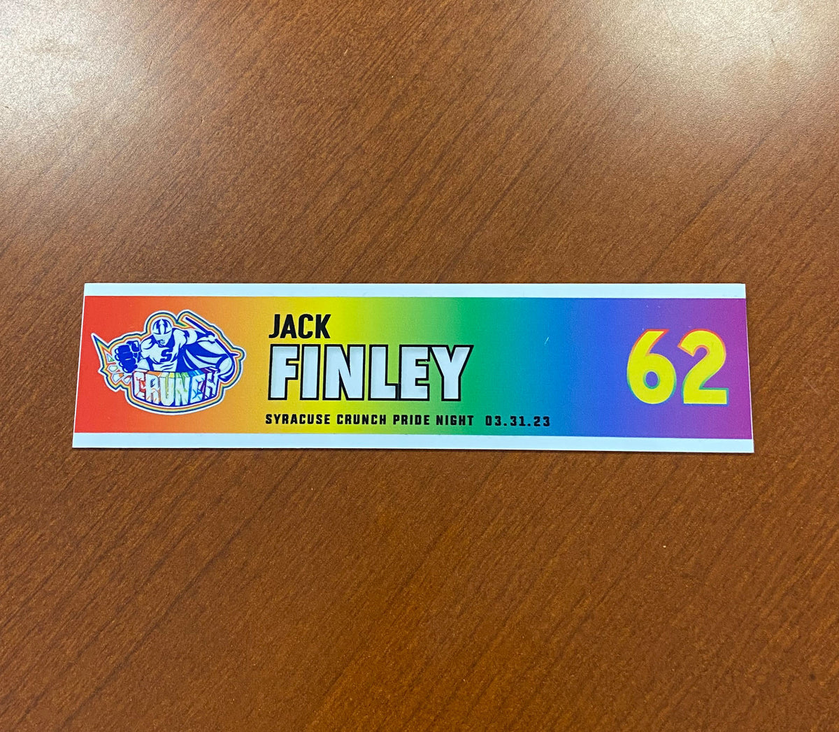 #62 Jack Finley Alternate Pride Night Nameplate - March 31, 2023 – Syracuse Crunch Official Team ...