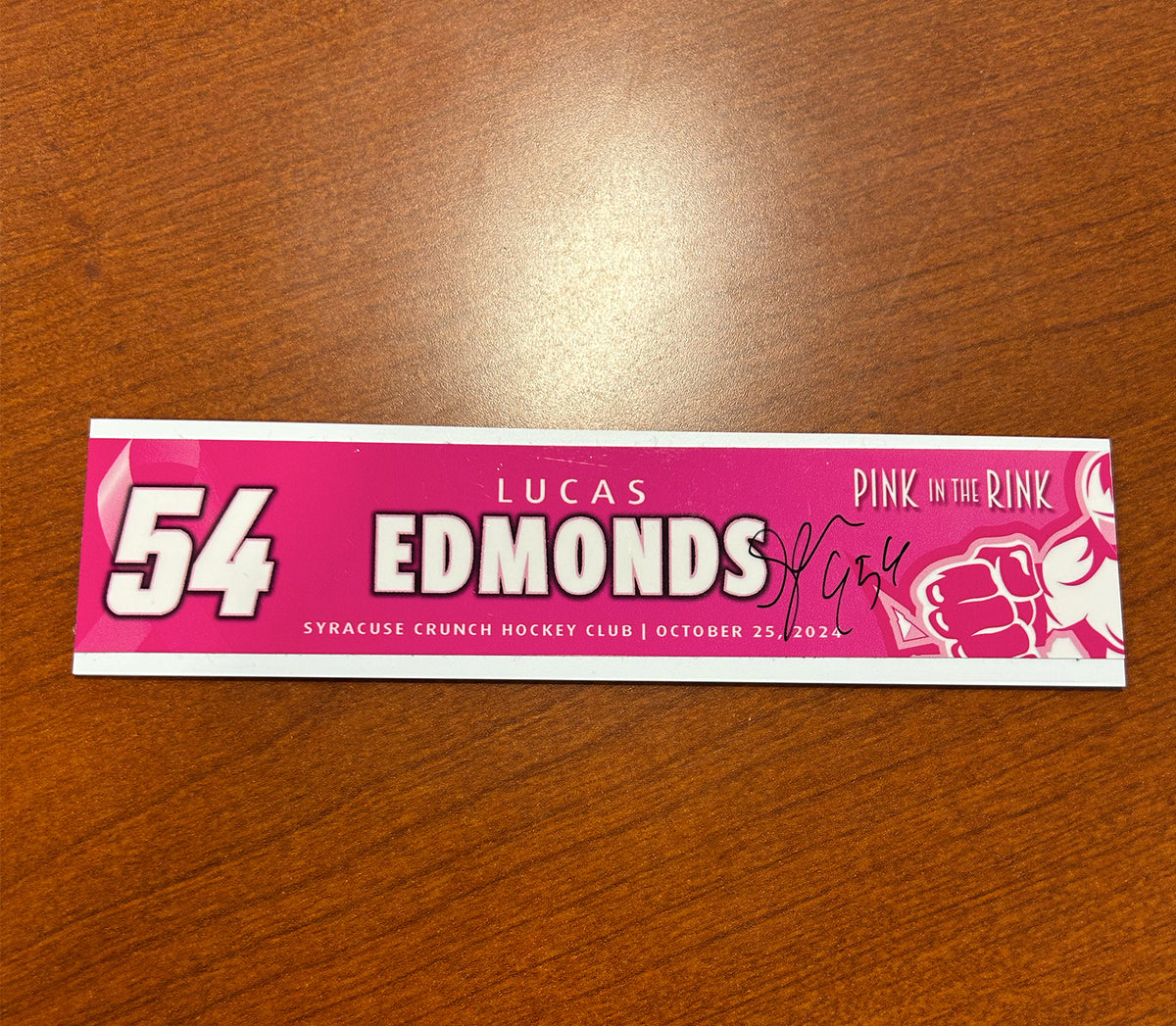 Signed #54 Lucas Edmonds - 2024-25 Pink in the Rink Nameplate ...