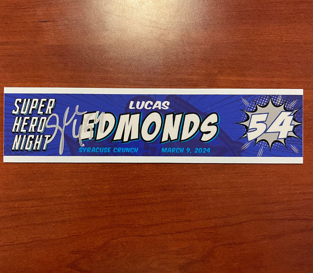 #54 Lucas Edmonds Signed Super Hero Night Nameplate – Syracuse Crunch ...
